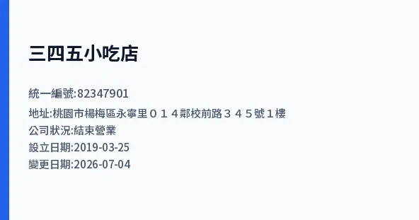 三四五小吃店的照片-統編 82347901(桃園市) 公司登記資料與營業項目詳細圖表