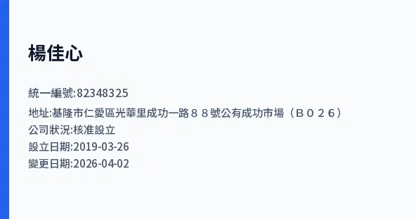 楊佳心的照片-統編 82348325(基隆市) 公司登記資料與營業項目詳細圖表