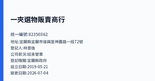 一夾選物販賣商行的照片-統編 82350362(宜蘭縣) 公司登記資料與營業項目詳細圖表