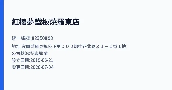 紅樓夢鐵板燒羅東店的照片-統編 82350898(宜蘭縣) 公司登記資料與營業項目詳細圖表