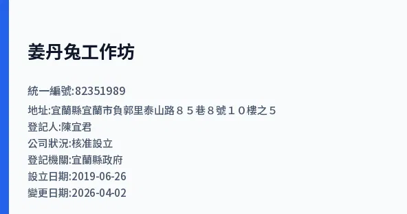 姜丹兔工作坊的照片-統編 82351989(宜蘭縣) 公司登記資料與營業項目詳細圖表