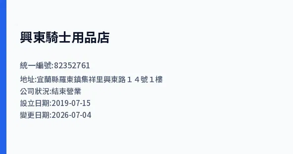 興東騎士用品店的照片-統編 82352761(宜蘭縣) 公司登記資料與營業項目詳細圖表