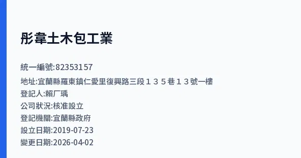 彤韋土木包工業的照片-統編 82353157(宜蘭縣) 公司登記資料與營業項目詳細圖表