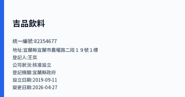 吉品飲料的照片-統編 82354677(宜蘭縣) 公司登記資料與營業項目詳細圖表
