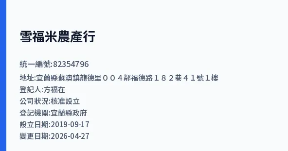雪福米農產行的照片-統編 82354796(宜蘭縣) 公司登記資料與營業項目詳細圖表