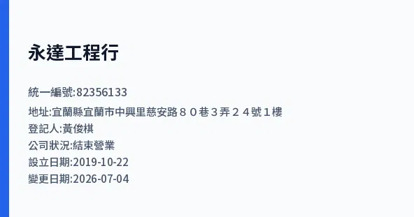 永達工程行的照片-統編 82356133(宜蘭縣) 公司登記資料與營業項目詳細圖表