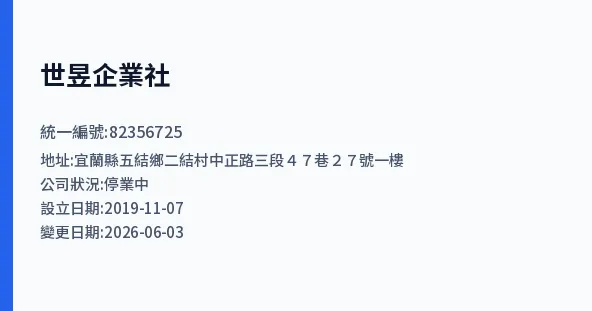世昱企業社的照片-統編 82356725(宜蘭縣) 公司登記資料與營業項目詳細圖表
