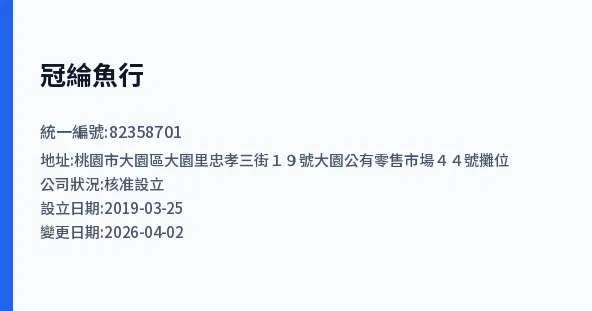 冠綸魚行的照片-統編 82358701(桃園市) 公司登記資料與營業項目詳細圖表