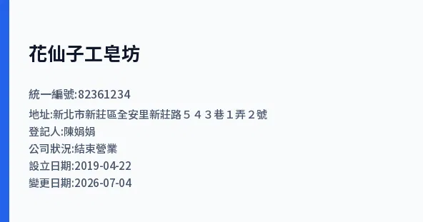 花仙子工皂坊的照片-統編 82361234(新北市) 公司登記資料與營業項目詳細圖表