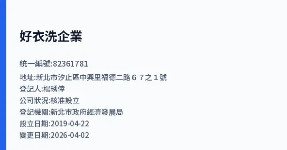 好衣洗企業的照片-統編 82361781(新北市) 公司登記資料與營業項目詳細圖表