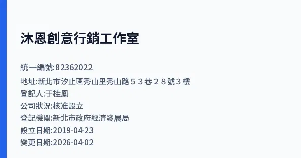 沐恩創意行銷工作室的照片-統編 82362022(新北市) 公司登記資料與營業項目詳細圖表