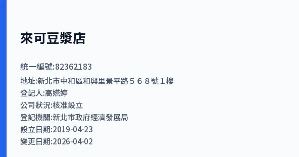 來可豆漿店的照片-統編 82362183(新北市) 公司登記資料與營業項目詳細圖表