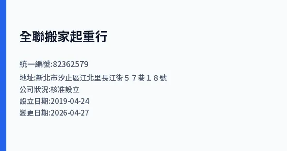 全聯搬家起重行的照片-統編 82362579(新北市) 公司登記資料與營業項目詳細圖表