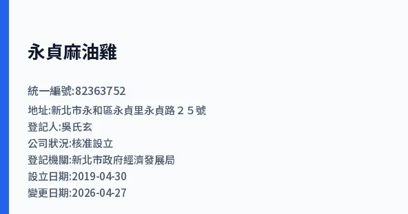 永貞麻油雞的照片-統編 82363752(新北市) 公司登記資料與營業項目詳細圖表
