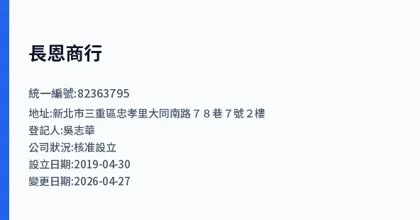 長恩商行的照片-統編 82363795(新北市) 公司登記資料與營業項目詳細圖表
