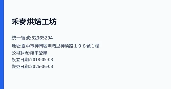禾麥烘焙工坊的照片-統編 82365294(臺中市) 公司登記資料與營業項目詳細圖表