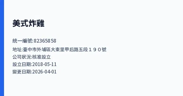 美式炸雞的照片-統編 82365858(臺中市) 公司登記資料與營業項目詳細圖表