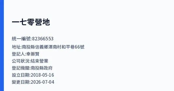 一七零營地的照片-統編 82366553(南投縣) 公司登記資料與營業項目詳細圖表