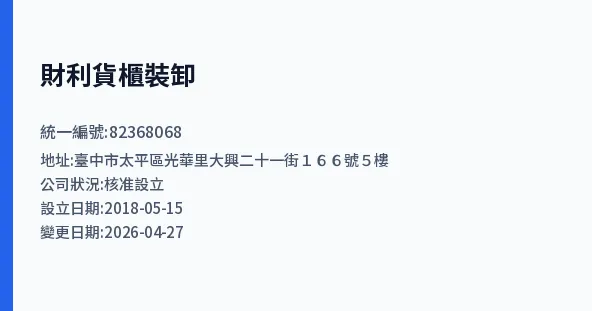 財利貨櫃裝卸的照片-統編 82368068(臺中市) 公司登記資料與營業項目詳細圖表