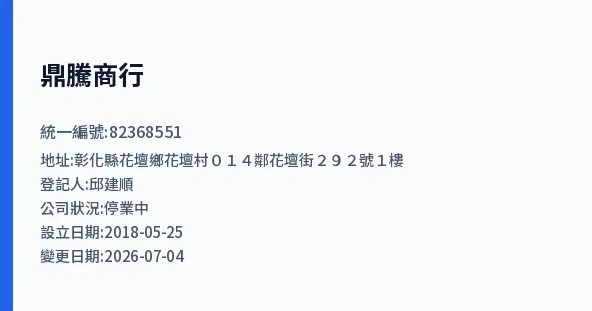 鼎騰商行的照片-統編 82368551(彰化縣) 公司登記資料與營業項目詳細圖表