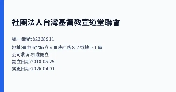 社團法人台灣基督教宣道堂聯會的照片-統編 82368911(臺中市) 公司登記資料與營業項目詳細圖表