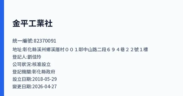 金平工業社的照片-統編 82370091(彰化縣) 公司登記資料與營業項目詳細圖表