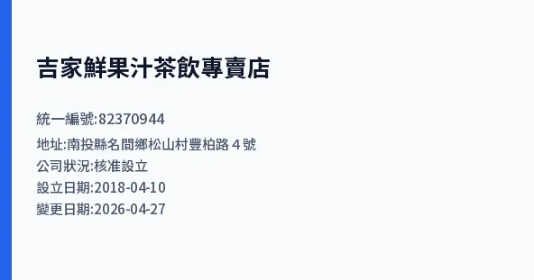 吉家鮮果汁茶飲專賣店的照片-統編 82370944(南投縣) 公司登記資料與營業項目詳細圖表