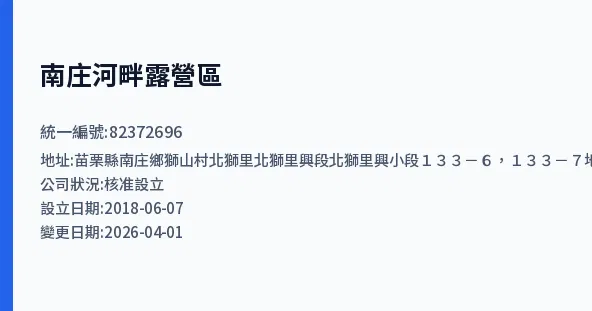 南庄河畔露營區的照片-統編 82372696(苗栗縣) 公司登記資料與營業項目詳細圖表