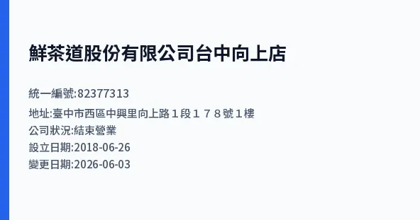 鮮茶道股份有限公司台中向上店的照片-統編 82377313(臺中市) 公司登記資料與營業項目詳細圖表