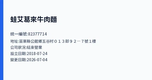 蛙艾葛來牛肉麵的照片-統編 82377714(苗栗縣) 公司登記資料與營業項目詳細圖表