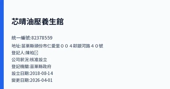 芯晴油壓養生館的照片-統編 82378559(苗栗縣) 公司登記資料與營業項目詳細圖表