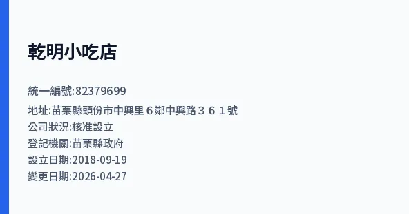 乾明小吃店的照片-統編 82379699(苗栗縣) 公司登記資料與營業項目詳細圖表