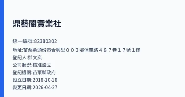 鼎藝閣實業社的照片-統編 82380302(苗栗縣) 公司登記資料與營業項目詳細圖表