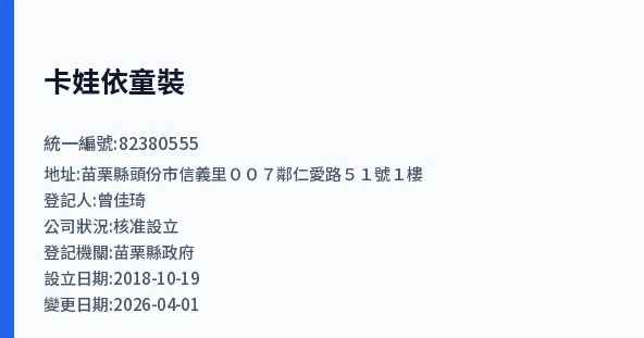 卡娃依童裝的照片-統編 82380555(苗栗縣) 公司登記資料與營業項目詳細圖表
