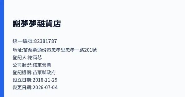 謝夢夢雜貨店的照片-統編 82381787(苗栗縣) 公司登記資料與營業項目詳細圖表