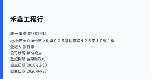 禾鑫工程行的照片-統編 82381935(苗栗縣) 公司登記資料與營業項目詳細圖表