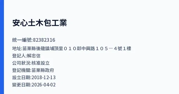安心土木包工業的照片-統編 82382316(苗栗縣) 公司登記資料與營業項目詳細圖表