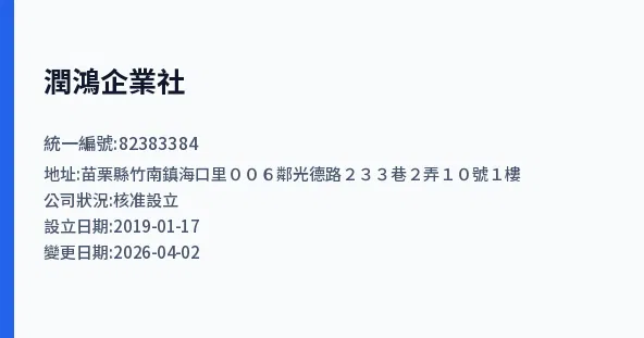 潤鴻企業社的照片-統編 82383384(苗栗縣) 公司登記資料與營業項目詳細圖表