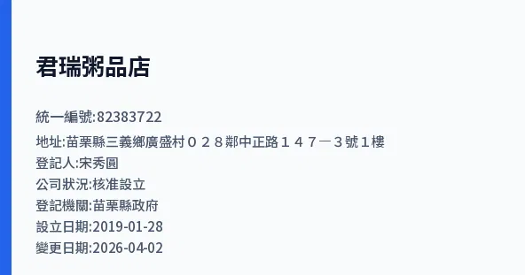 君瑞粥品店的照片-統編 82383722(苗栗縣) 公司登記資料與營業項目詳細圖表