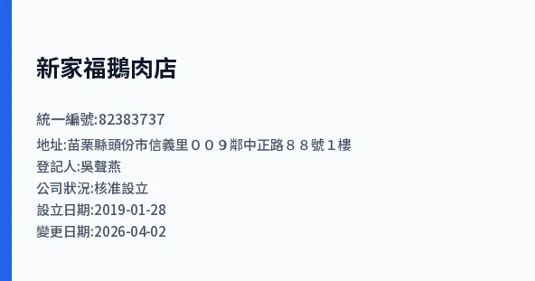 新家福鵝肉店的照片-統編 82383737(苗栗縣) 公司登記資料與營業項目詳細圖表