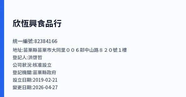 欣恆興食品行的照片-統編 82384166(苗栗縣) 公司登記資料與營業項目詳細圖表