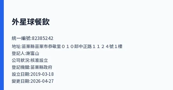 外星球餐飲的照片-統編 82385242(苗栗縣) 公司登記資料與營業項目詳細圖表