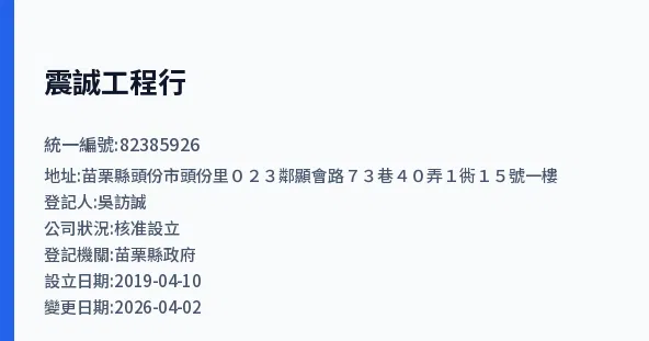 震誠工程行的照片-統編 82385926(苗栗縣) 公司登記資料與營業項目詳細圖表