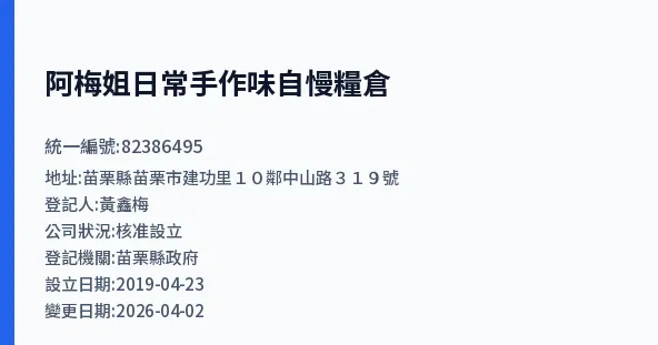 阿梅姐日常手作味自慢糧倉的照片-統編 82386495(苗栗縣) 公司登記資料與營業項目詳細圖表