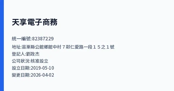天享電子商務的照片-統編 82387229(苗栗縣) 公司登記資料與營業項目詳細圖表