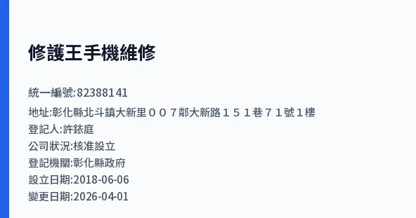 修護王手機維修的照片-統編 82388141(彰化縣) 公司登記資料與營業項目詳細圖表