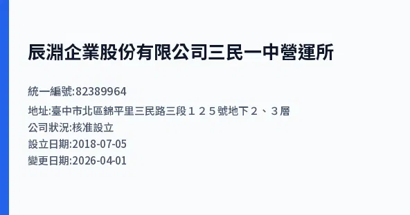 辰淵企業股份有限公司三民一中營運所的照片-統編 82389964(臺中市) 公司登記資料與營業項目詳細圖表