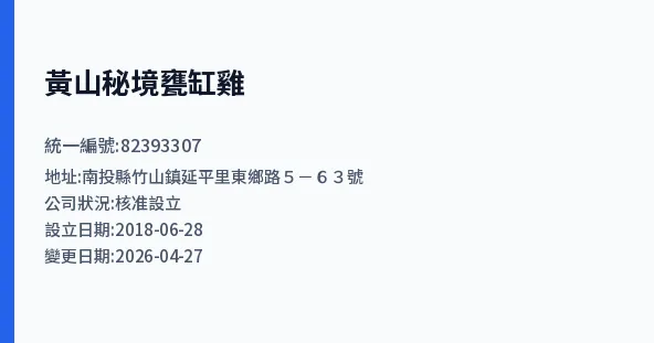 黃山秘境甕缸雞的照片-統編 82393307(南投縣) 公司登記資料與營業項目詳細圖表