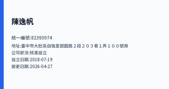 陳逸帆的照片-統編 82393974(臺中市) 公司登記資料與營業項目詳細圖表