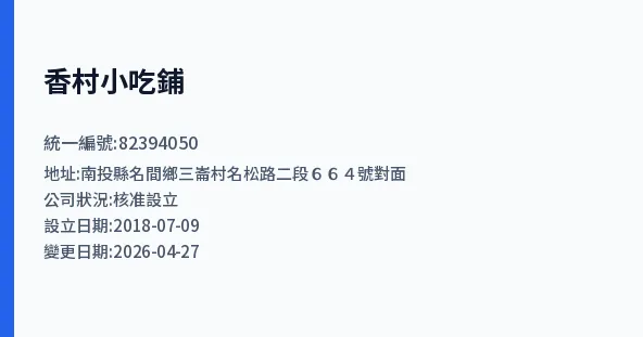 香村小吃鋪的照片-統編 82394050(南投縣) 公司登記資料與營業項目詳細圖表